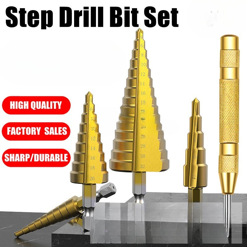 HSS Straight Groove Titanium Step Drill Bit Set Automatic Center Punch ...